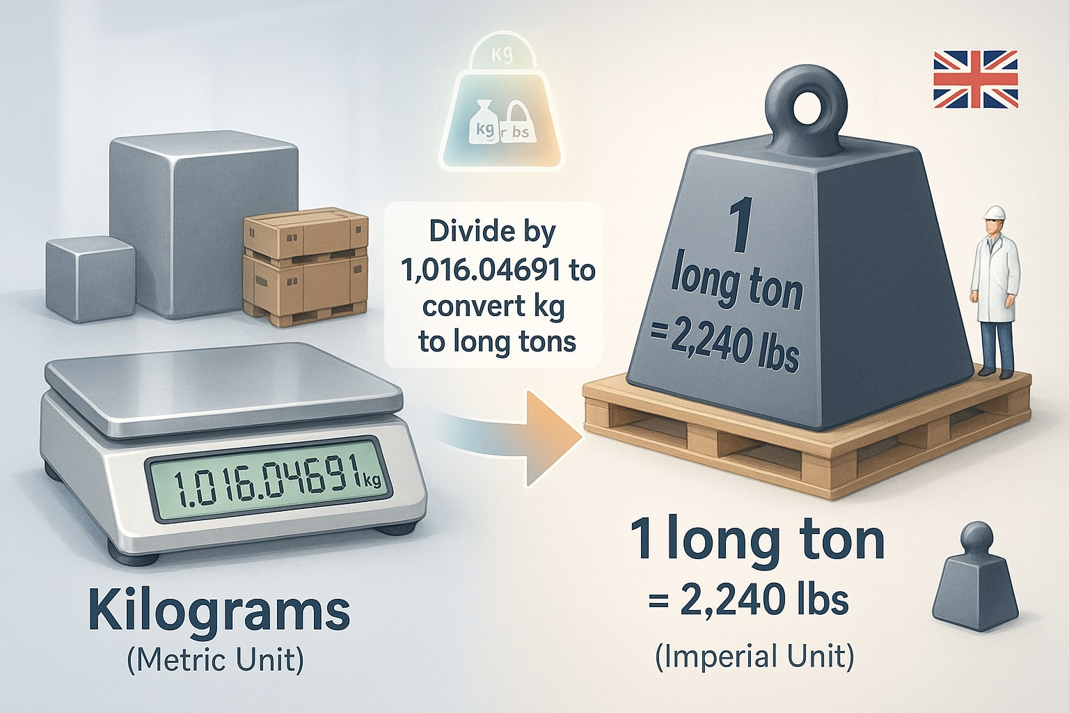 Kilogram naar Long ton Omrekenhulp - JetCalculator